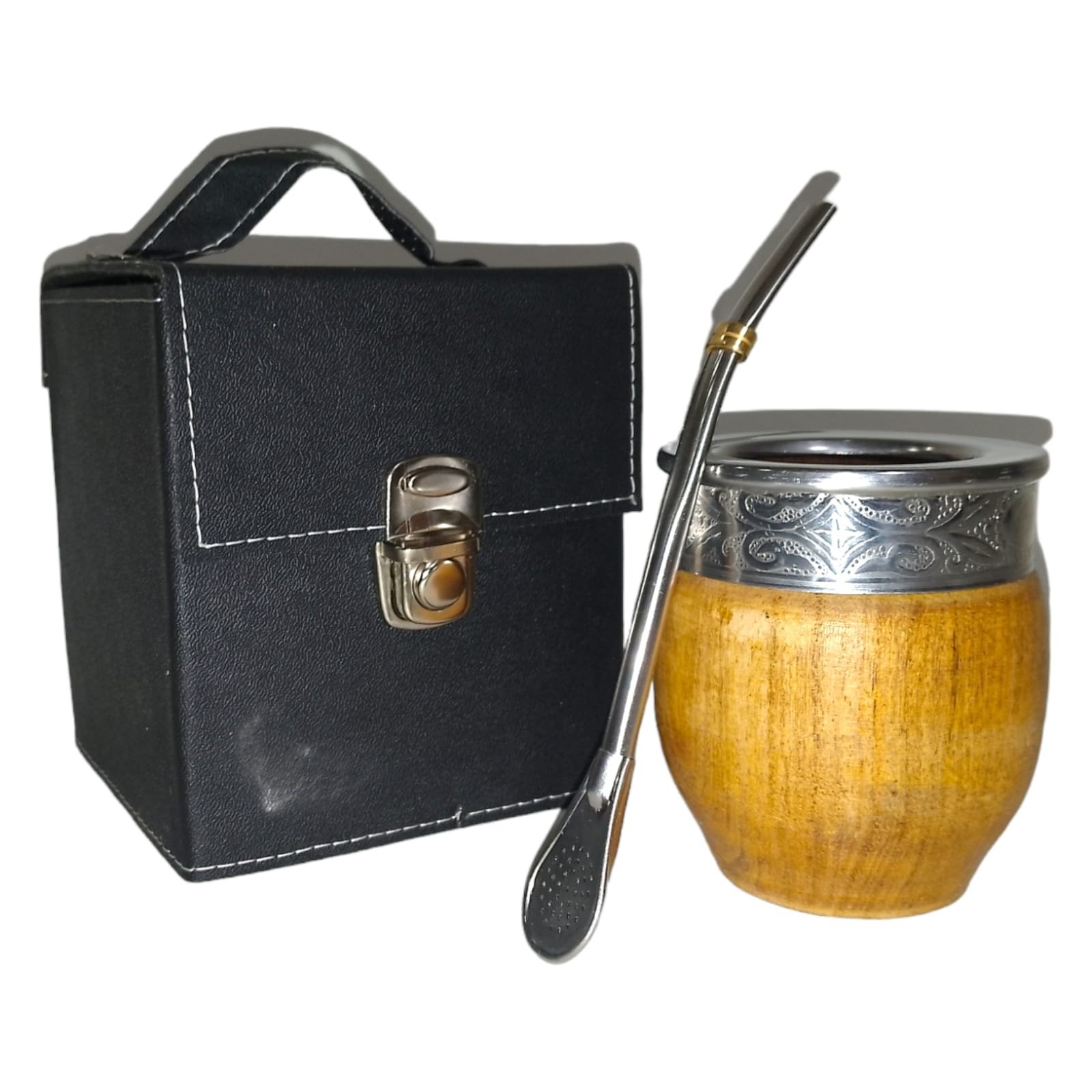 SET DE MATE MADERA CON VIROLA DE ACERO EN CAJA SET092IM – Raices Regalos